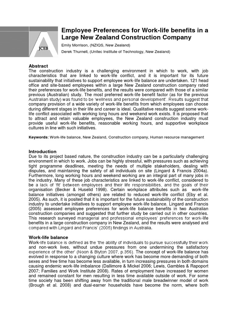 Employee Preferences For Work-Life Benefits in A Large New Zealand ...