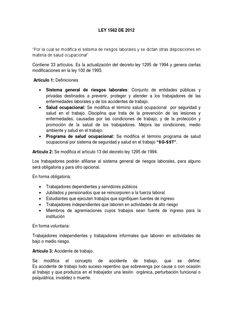 Resumen de La Ley 1562 de 2012 | PDF | Labor | Empleo