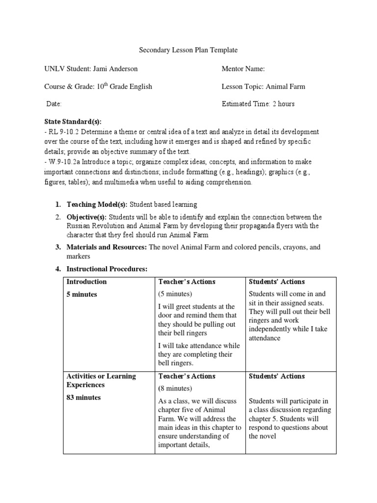 Animal Farm Lesson Plan Overview | PDF | Lesson Plan | Teachers
