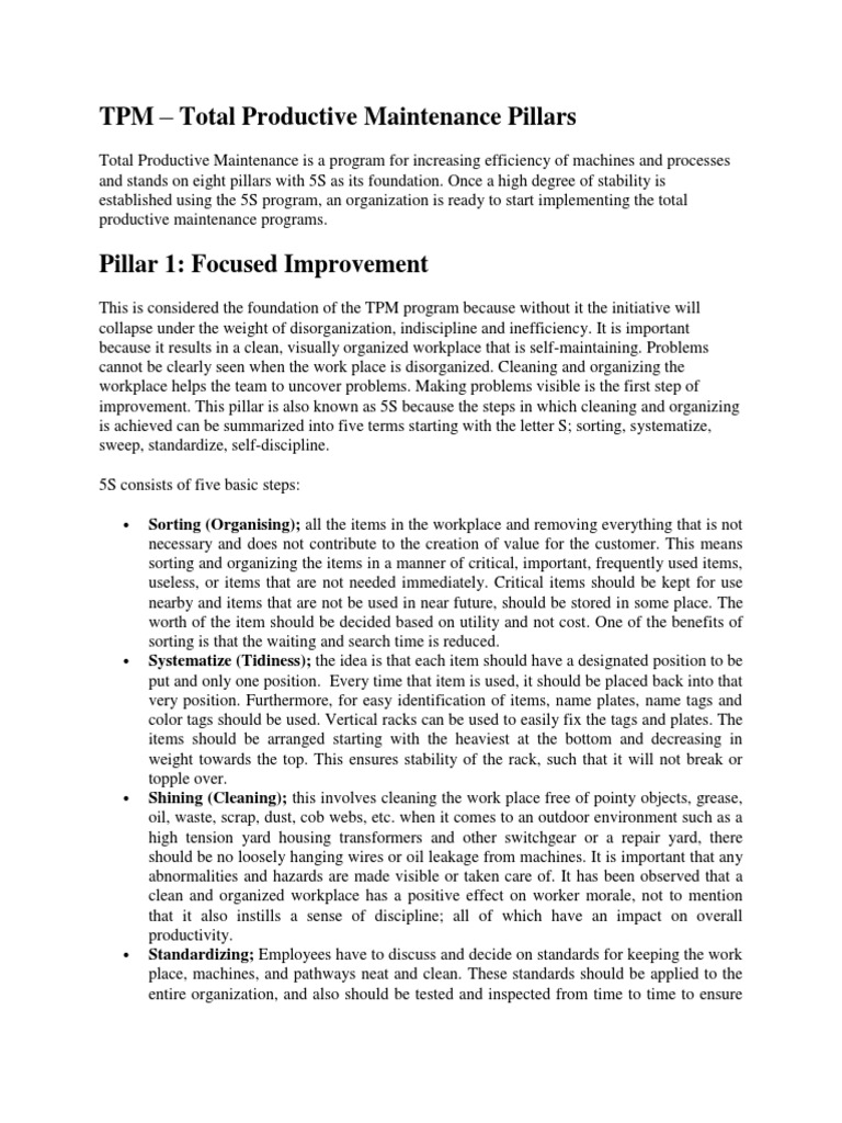 TPM - Total Productive Maintenance Pillars | PDF | Quality (Business ...