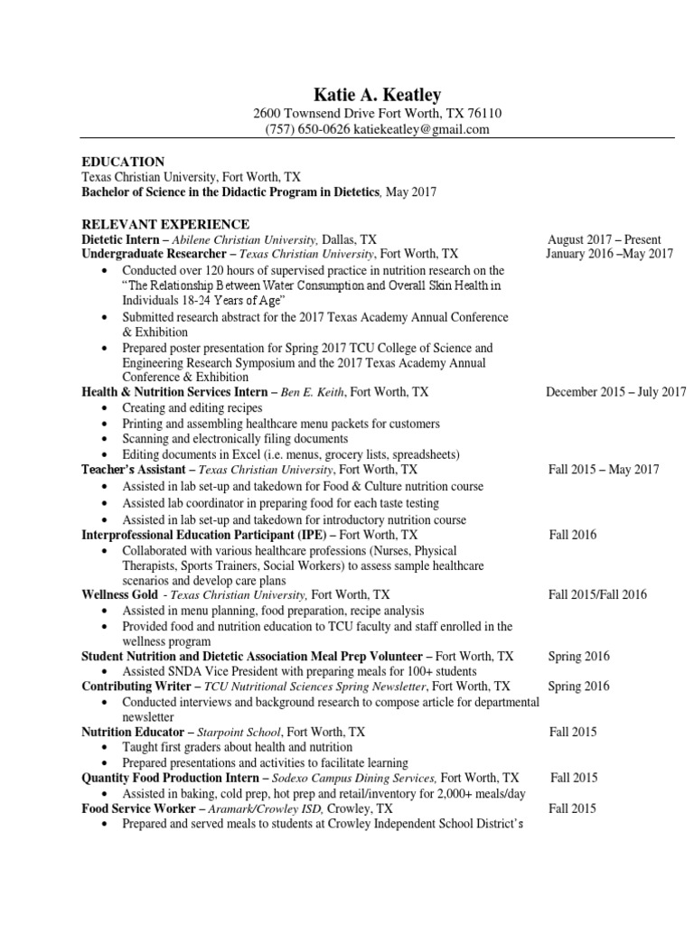 Katie Keatley Resume Spring 2018 | PDF | Dietitian | Health Care