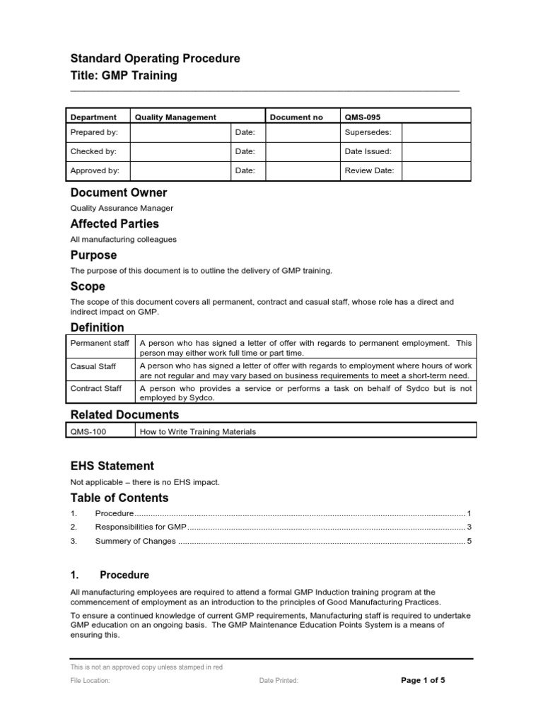 GMP Training Procedure QMS-095 Sample | PDF | Employment | Business
