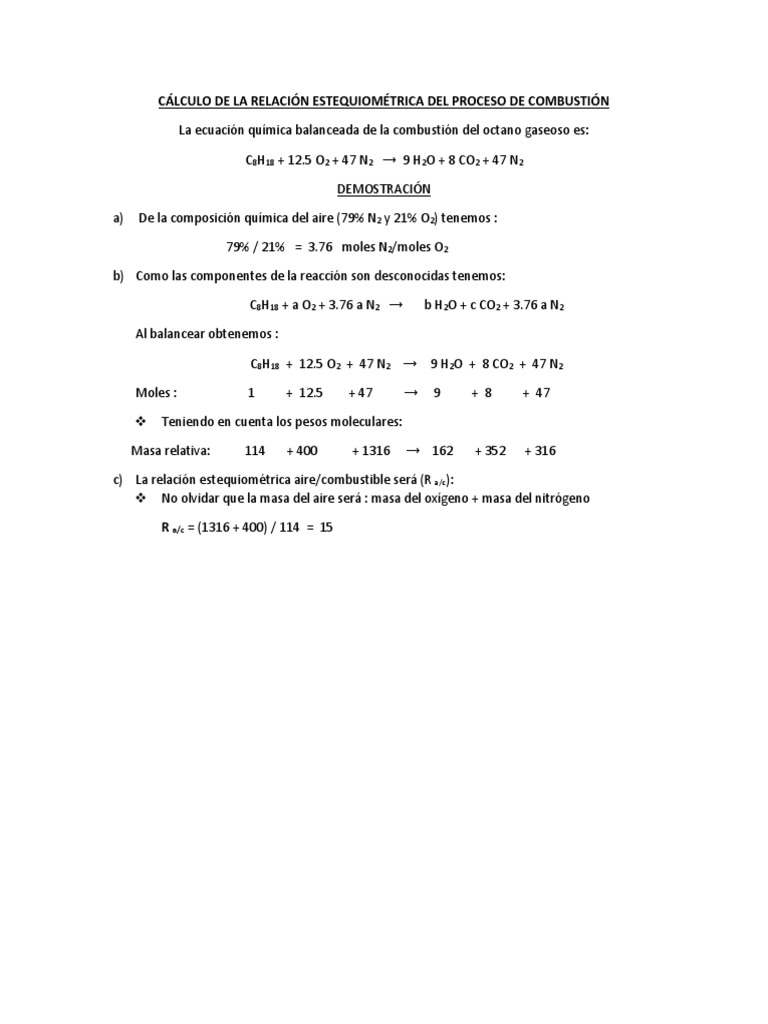 Cálculo de La Relación Estequiométrica Del Proceso de Combustión | PDF ...