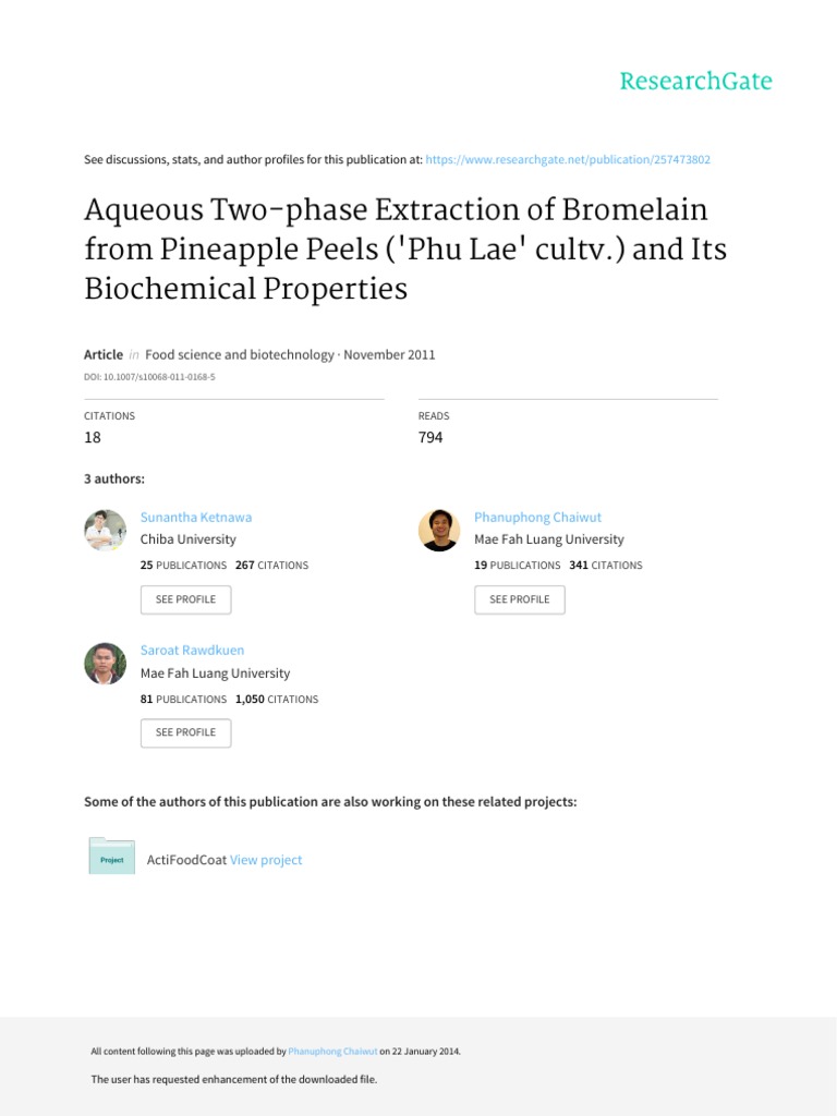 Aqueous Two-Phase Extraction of Bromelain From Pineapple Peels ('Phu ...