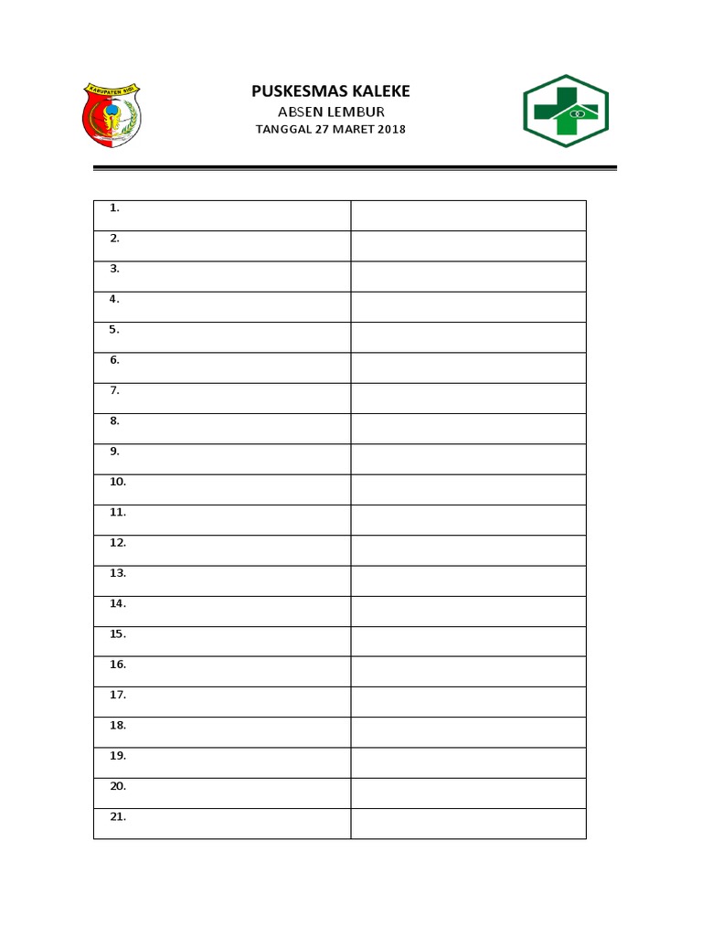 Absen Lembur Puskesmas Kaleke 2018 | PDF | Cooking, Food & Wine ...