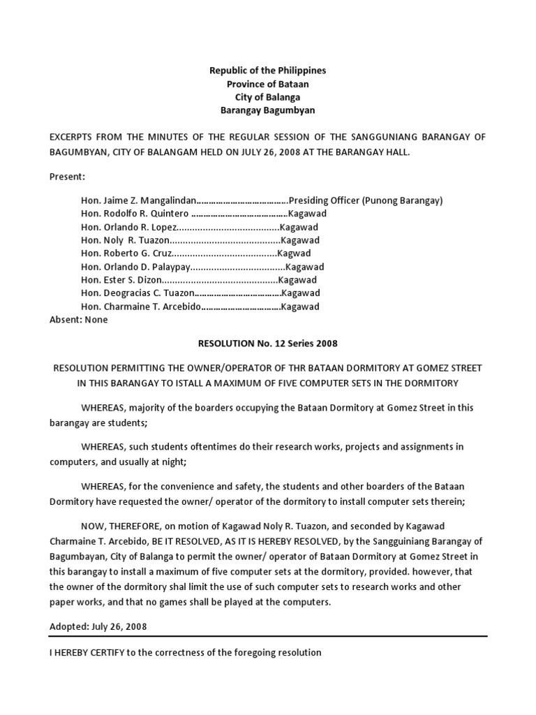 Barangay Resolution | PDF