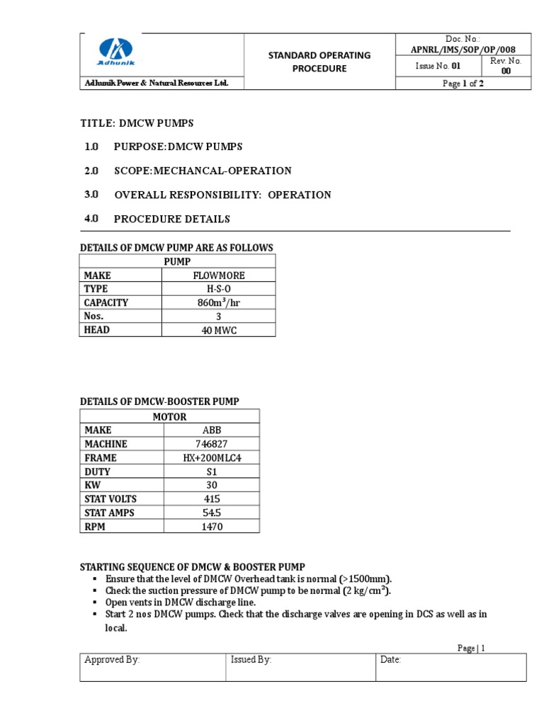 Sop For DMCW | PDF | Pump | Chemical Engineering