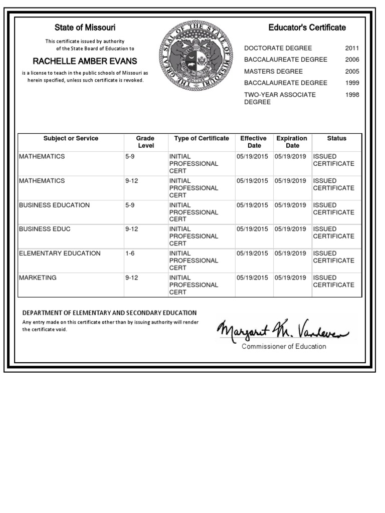 Educator's Certificate State of Missouri | PDF | Academic Degree ...