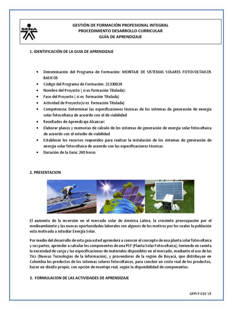 GFPI-F-019 Formato Guia de Aprendizaje Energia Solar | PDF | Energía solar | Fotovoltaica