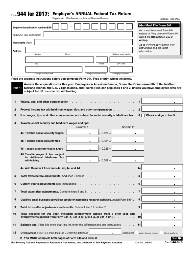 Employer's ANNUAL Federal Tax Return: Who Must File Form 944 | PDF ...