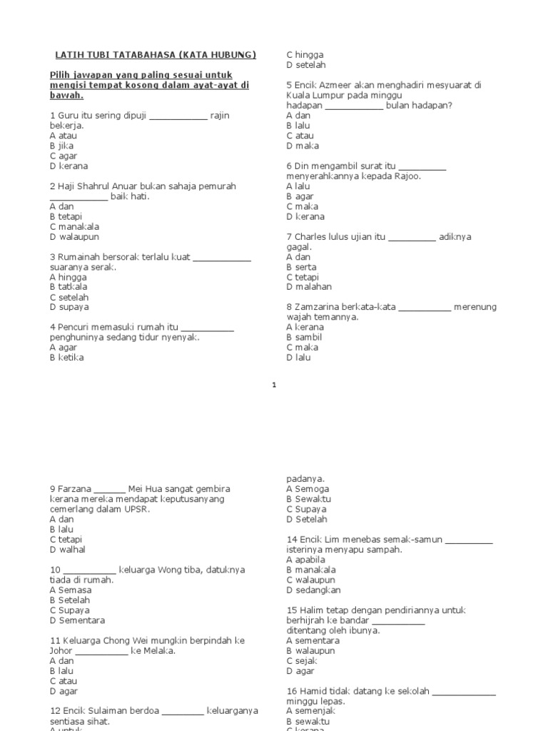 Latih Tubi Tatabahasa Kata Hubung | PDF