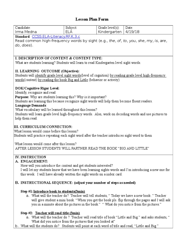 Lesson Plan Form: CCSS - ELA-Literacy - RF.K.3.c | PDF | Educational ...