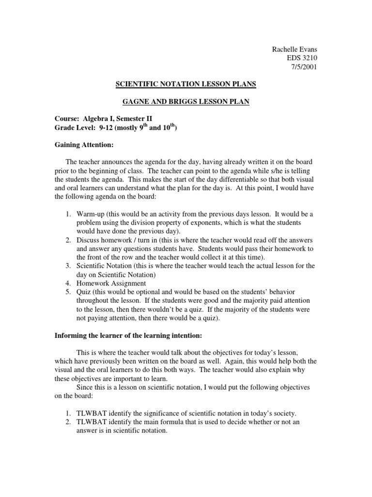 Scientific Notation Lesson Plans Gagne and Briggs Lesson Plan Course ...