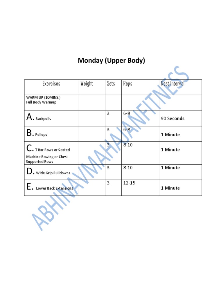 A. B. C. D. E.: Monday (Upper Body) | PDF