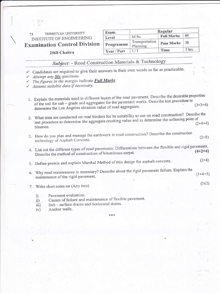 (IOE) MSc. Old Questions of Transportation Engg. I/I | Download Free ...
