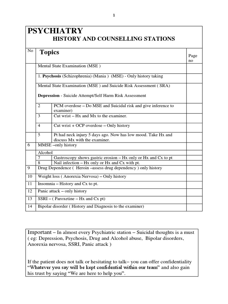 Psychiatry Notes and Other Stations Including PCP and Dry Cough | PDF ...