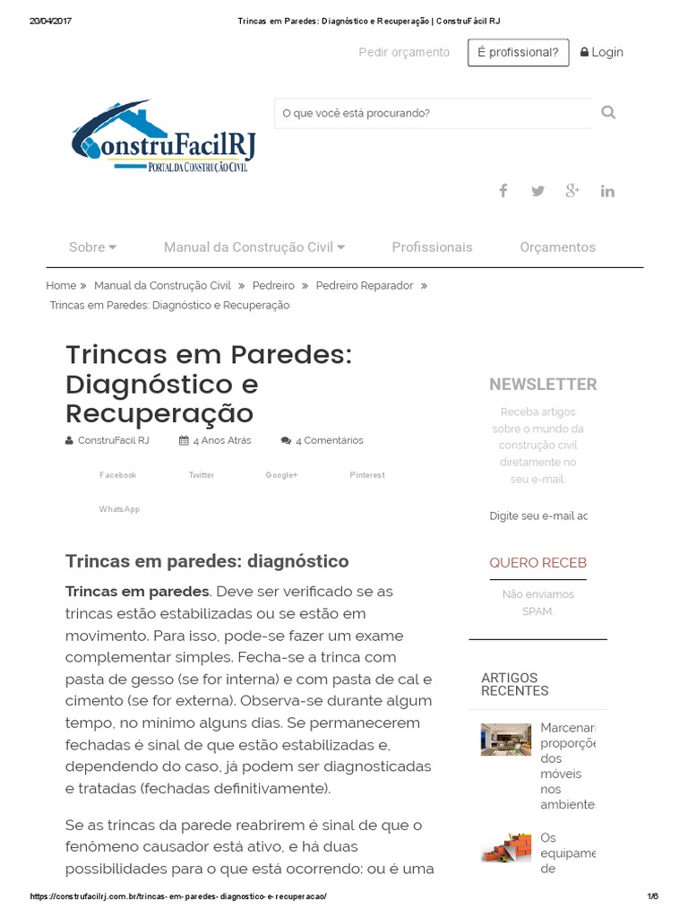 Trincas em Paredes - Diagnóstico e Recuperação - ConstruFácil RJ | PDF ...