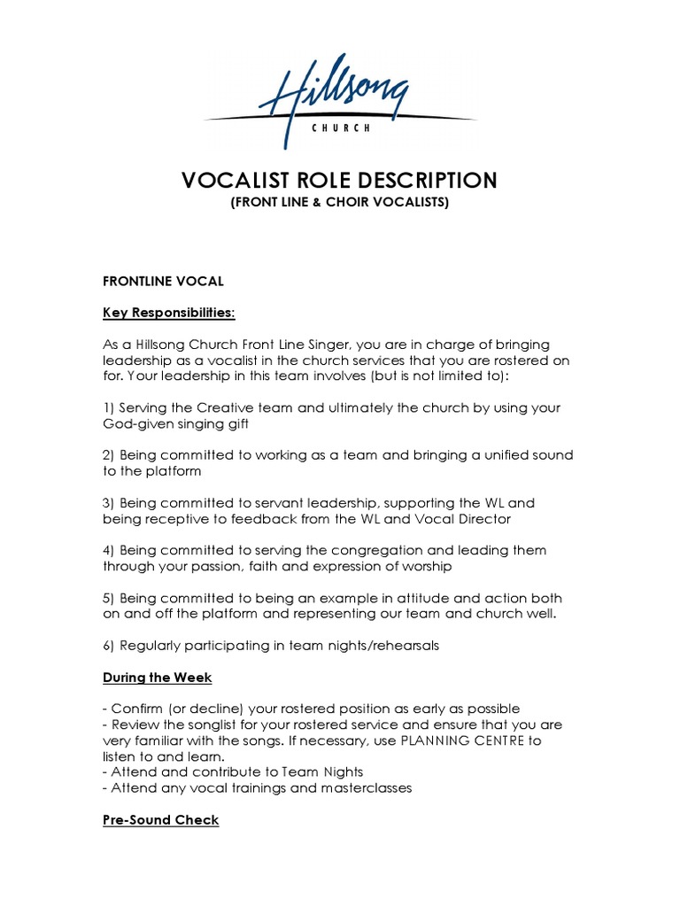 Vocals Role Description 2017 v2 | PDF | Singing | Clothing