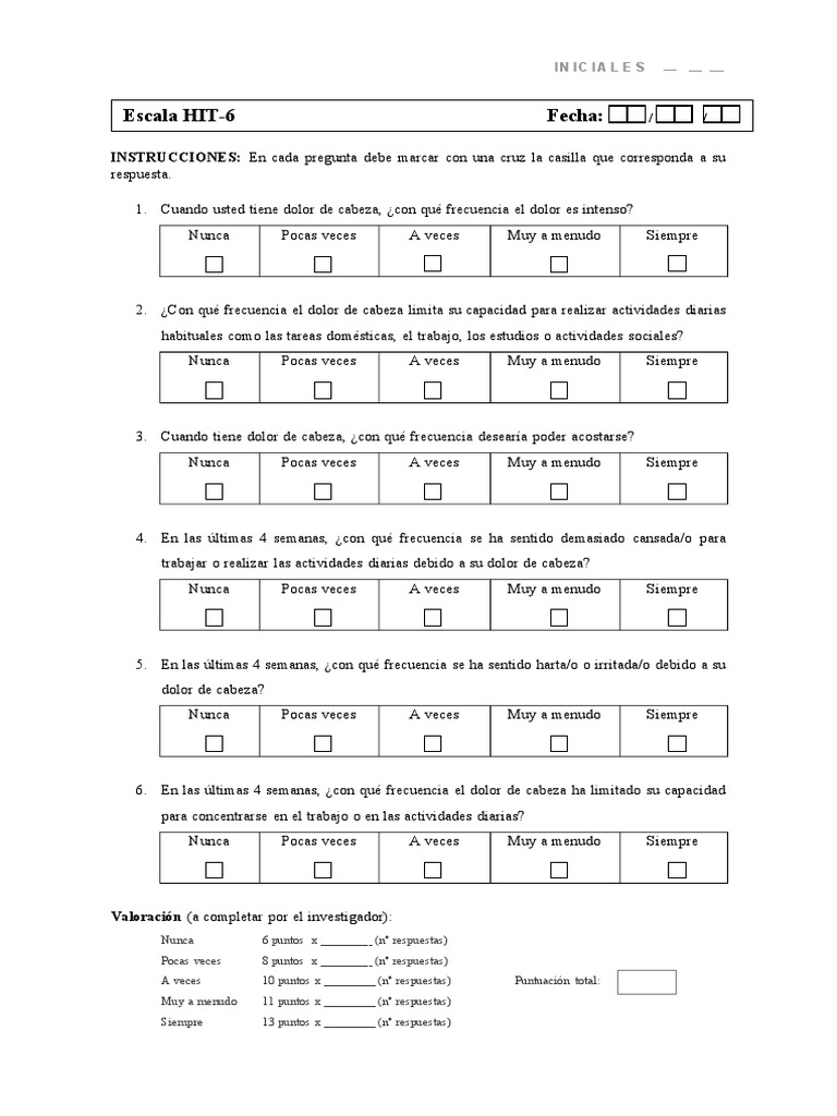 Escala HIT6 | PDF | Migraña | Ciencias del comportamiento