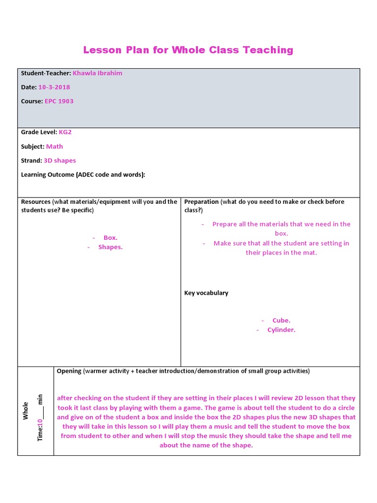 Lesson Plan - 3d Shapes - Khawla Ibrahim h00360500 | PDF | Phonics ...
