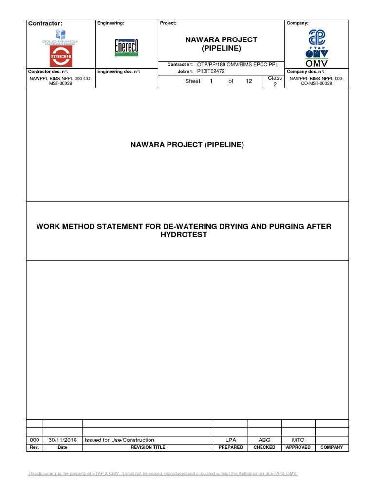 Work Method Statement For De-Watering Drying and Purging After ...