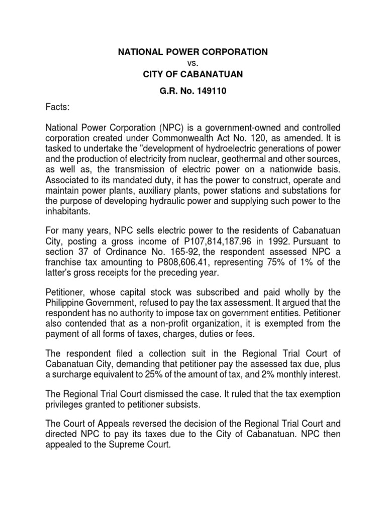 NPC v. City of Cabanatuan-Digest | PDF | Taxes | Corporations