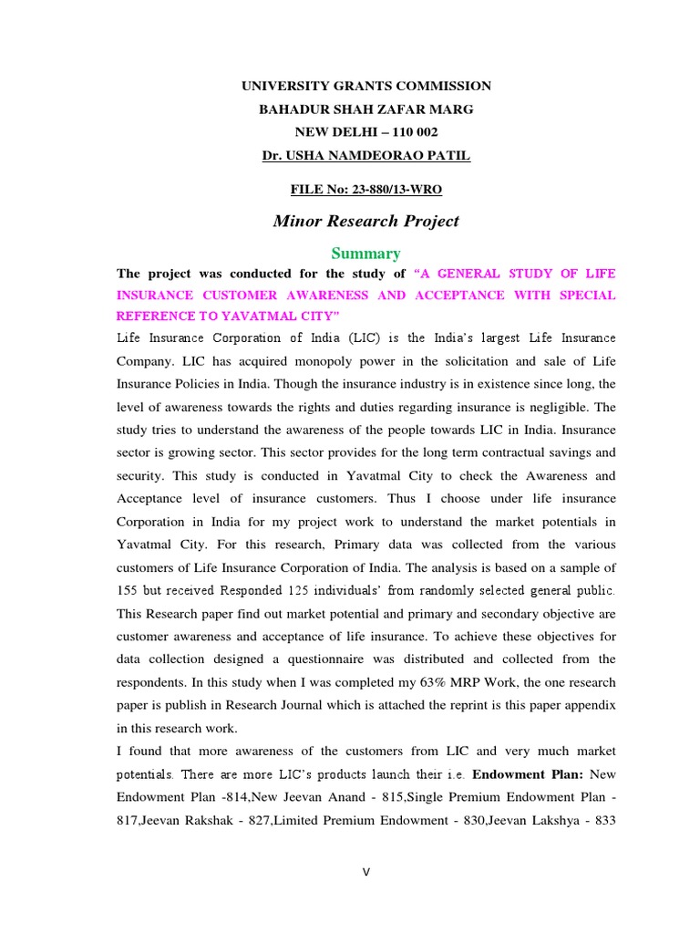 Dr. Usha N. Patil MRP Summary | PDF | Insurance | Life Insurance