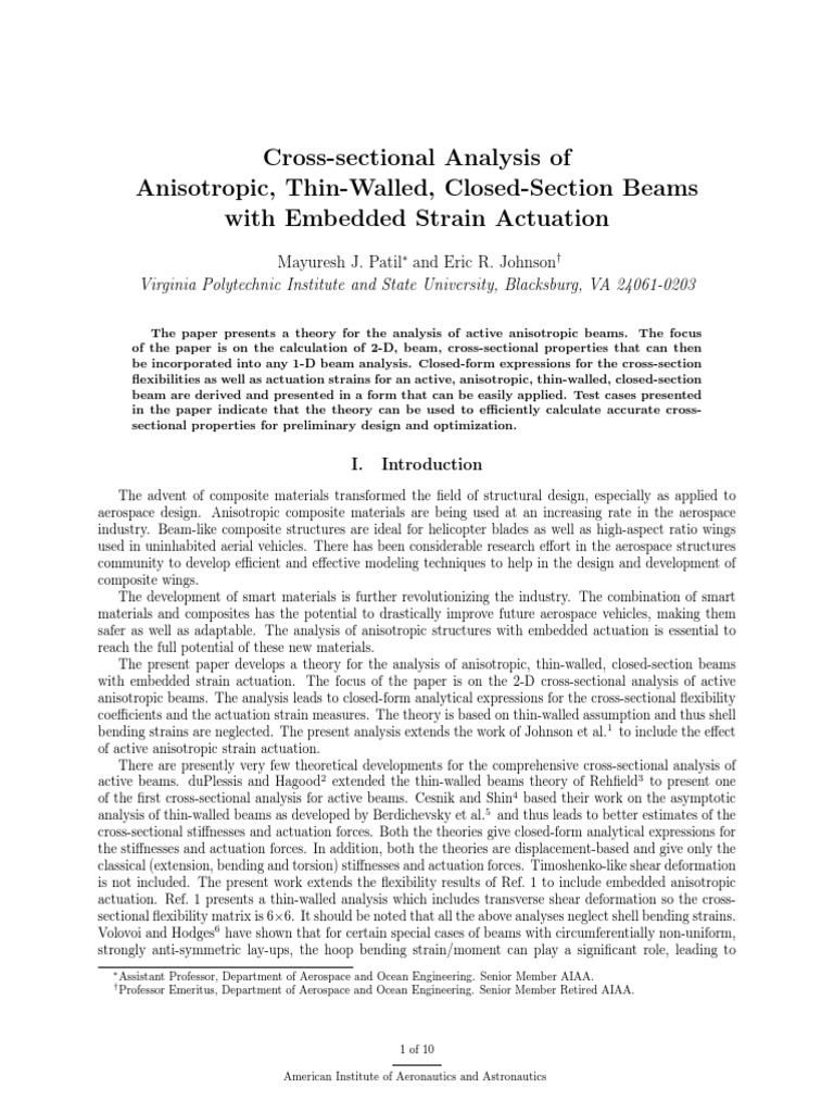 Cross-Sectional Analysis of Anisotropic, Thin-Walled, Closed-Section Beams With Embedded Strain ...