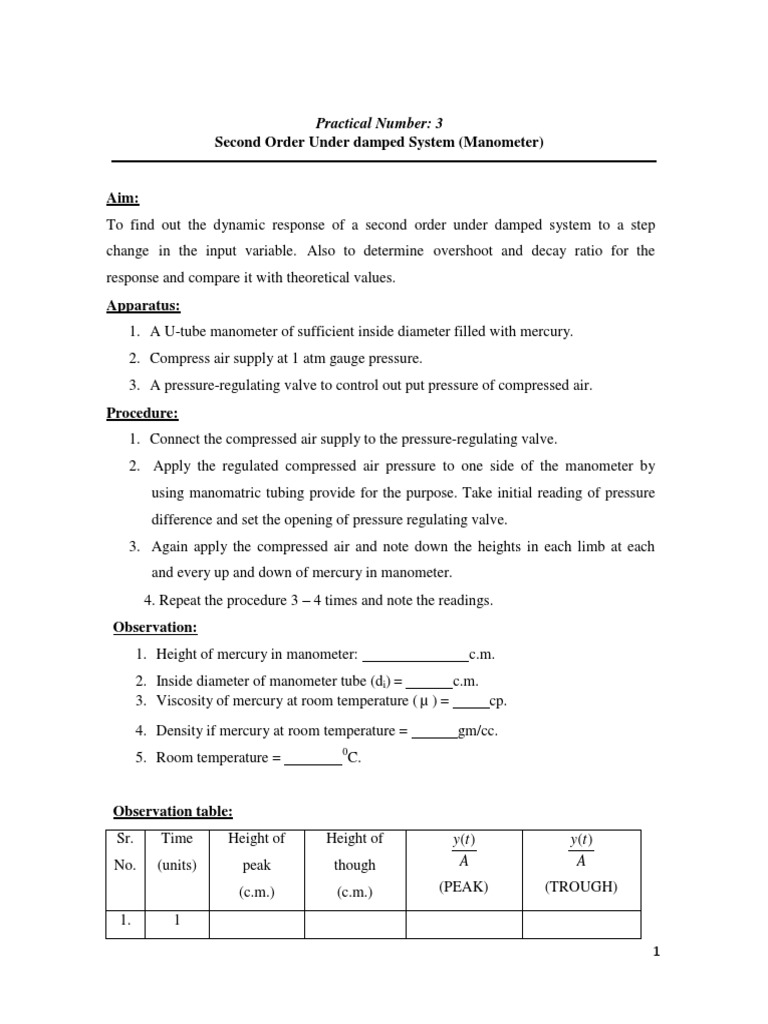 Second Order Under Damped System (Manometer) : Practical Number: 3 | PDF | Pressure Measurement ...