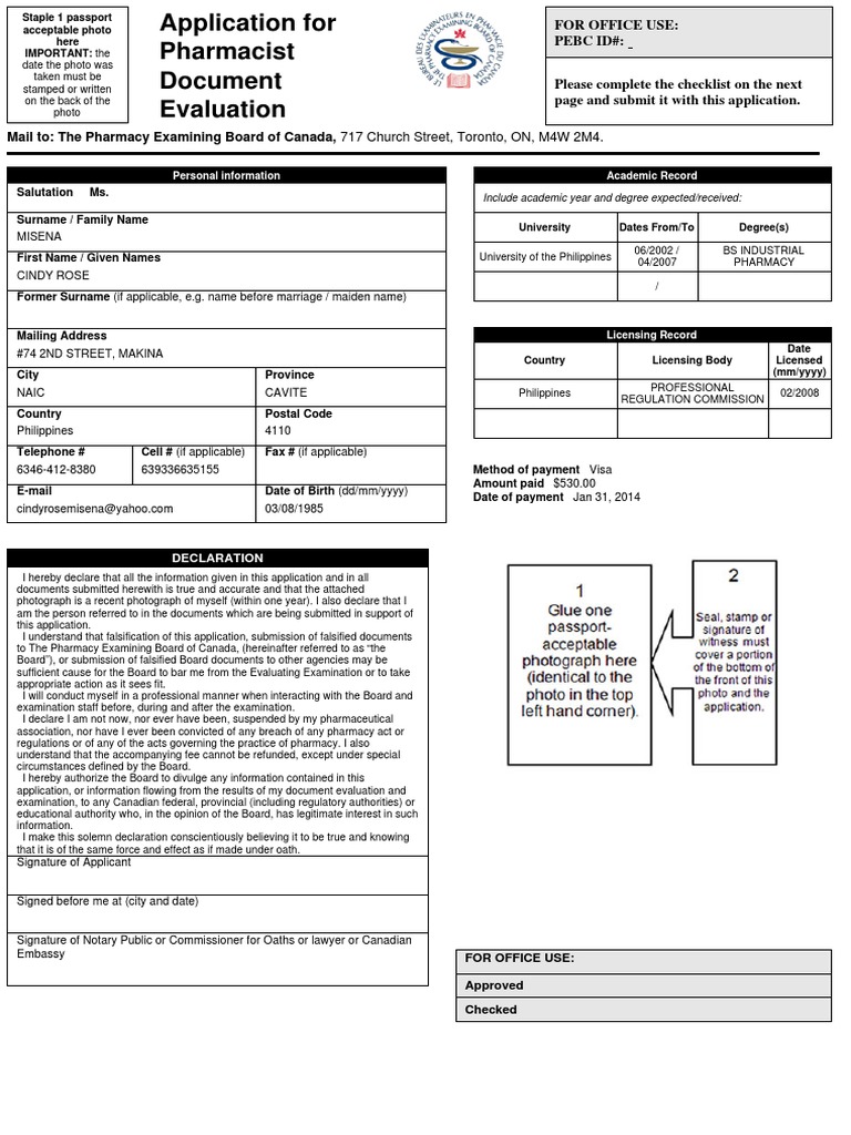 PEBC Application Pharmacist Document Evaluation | PDF | Identity Document | Pharmacist