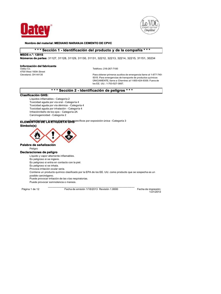 Msds - Pegamento CPVC Oatey Naranja | PDF | Combustión | Carcinógeno
