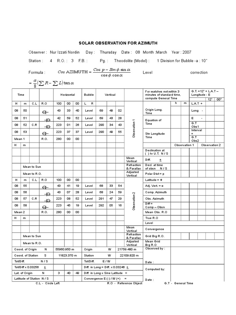 Solar Observation For Azimuth: Sin P Cos Cos | PDF | Latitude ...