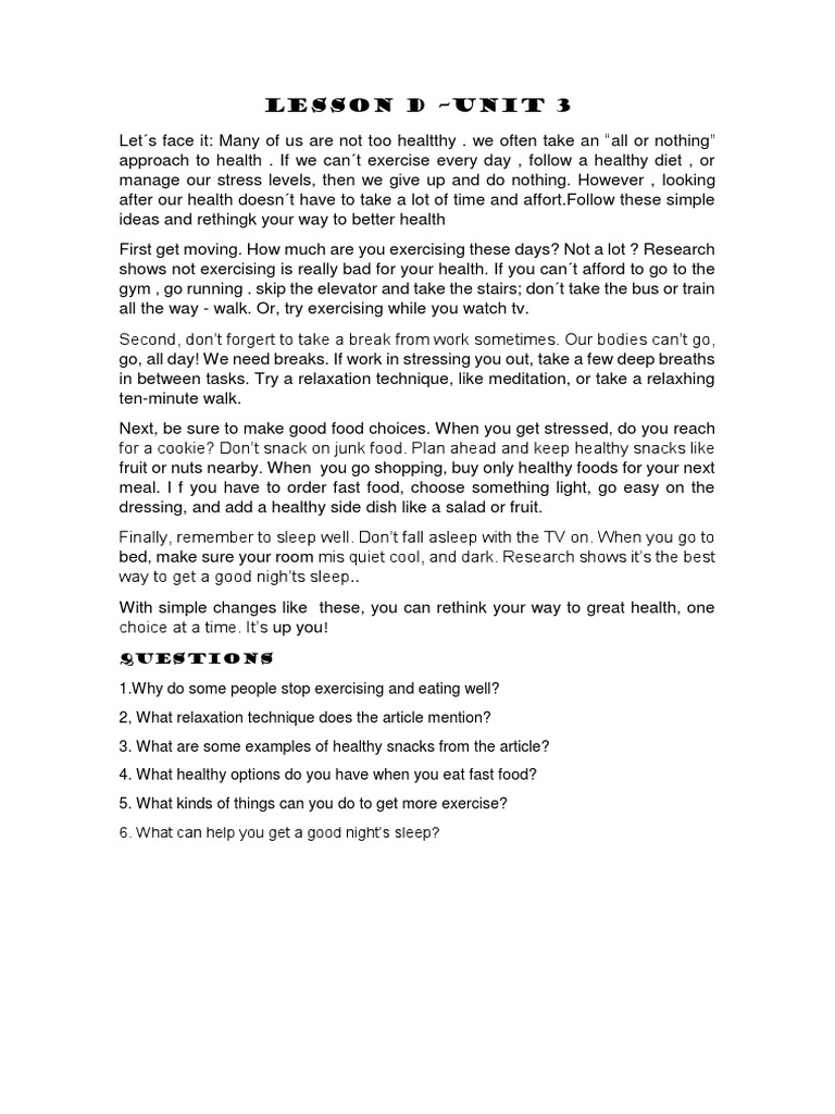 Lesson D Unit 2 | PDF | Wellness | Medical