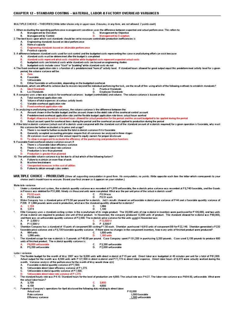 Answer Key - Quiz - Chapter 12 - MC - All Variances | PDF | Management ...