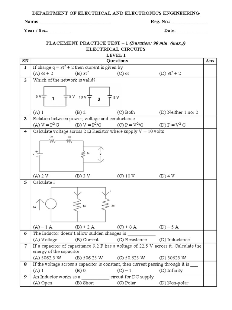 Electrical Circuits - Test 1 | PDF | Electrical Network | Capacitor