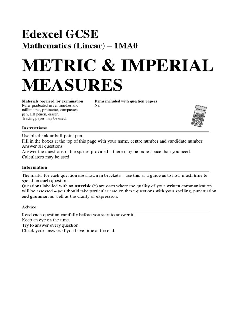 Edexcel GCSE Mathematics (Linear) – 1MA0 METRIC & IMPERIAL MEASURES ...