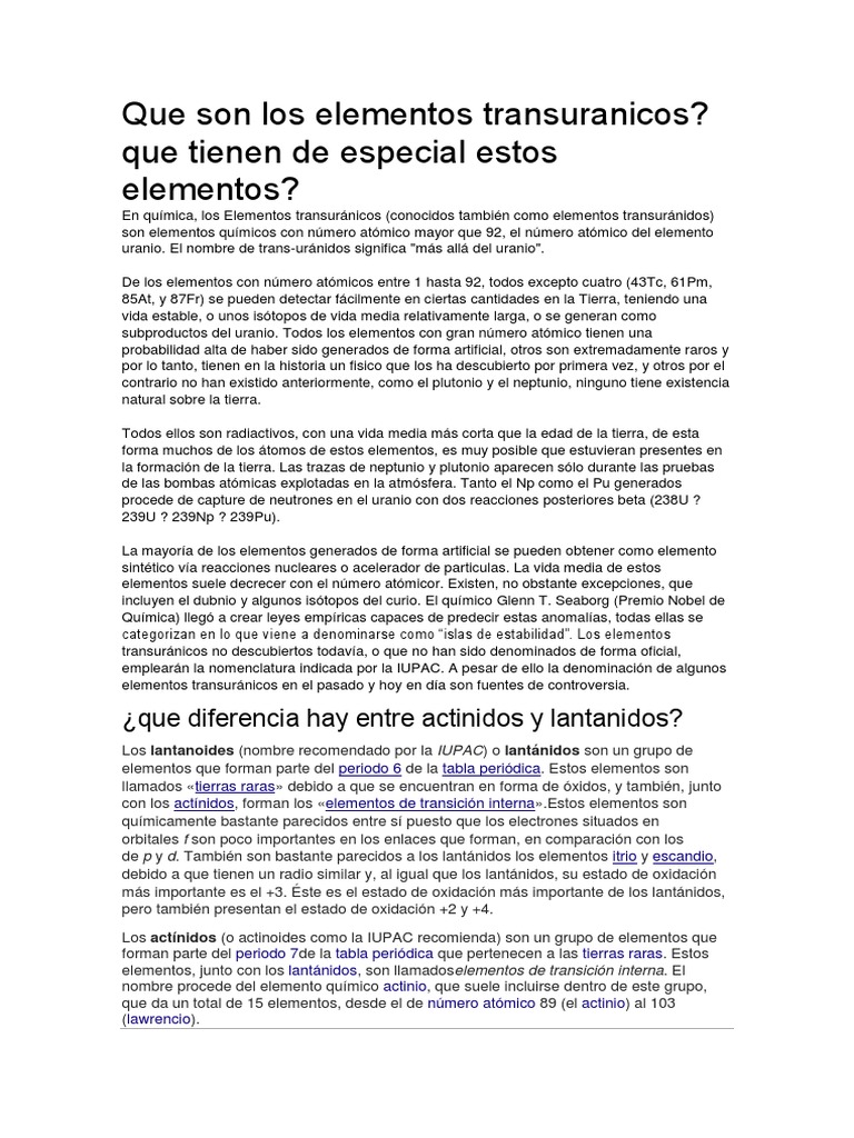 Elementos Transuránicos: Definición y Características | PDF | Lantánido ...