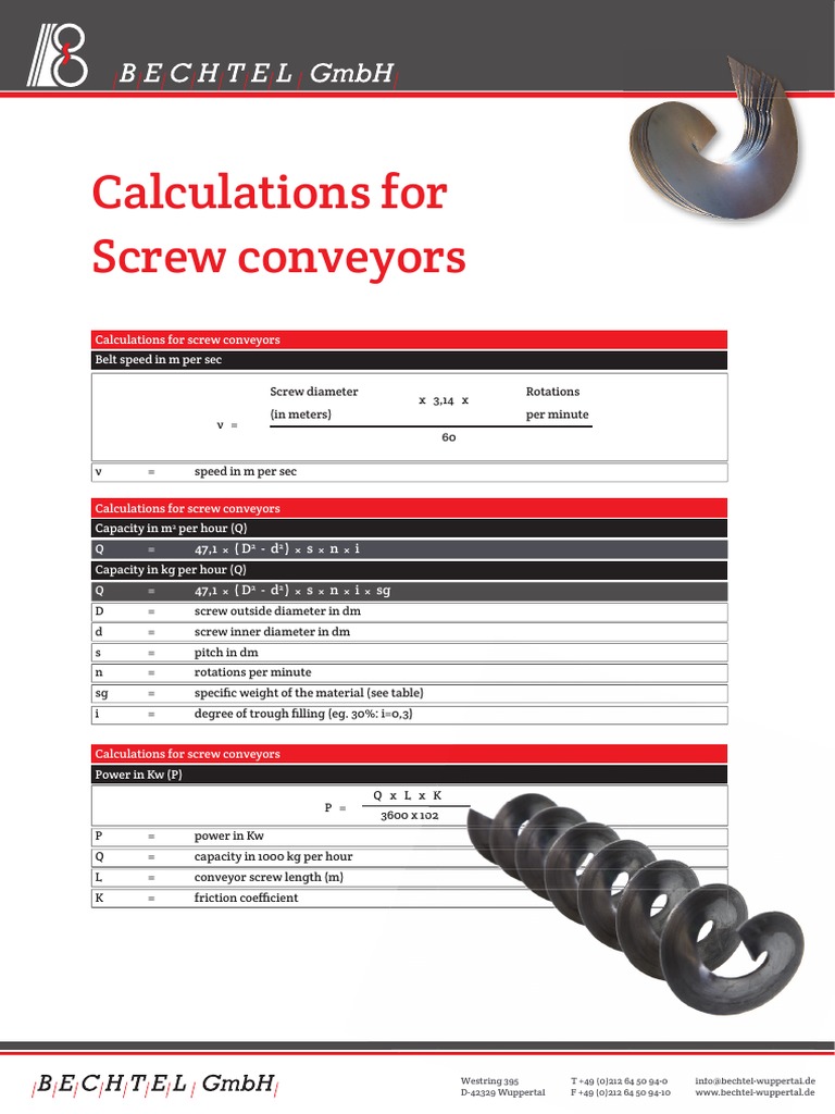 Calculations Screw Conveyor Bechtel | PDF