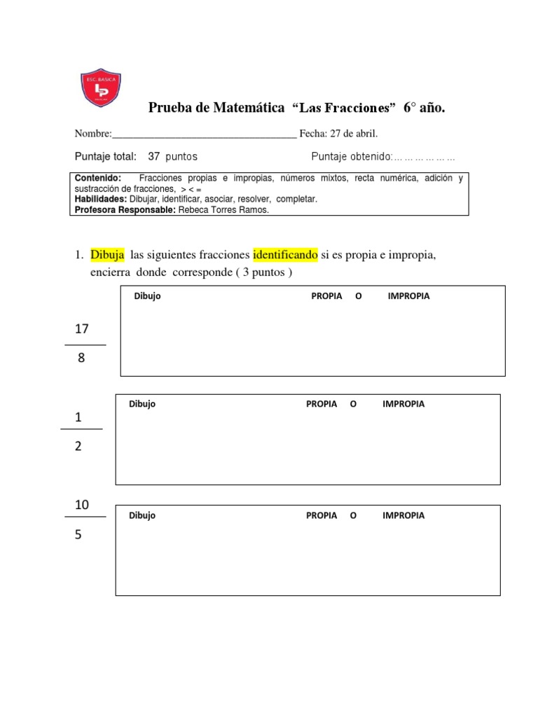 Prueba de Matemática Unidad de Fracciones | PDF | Fracción (Matemáticas ...