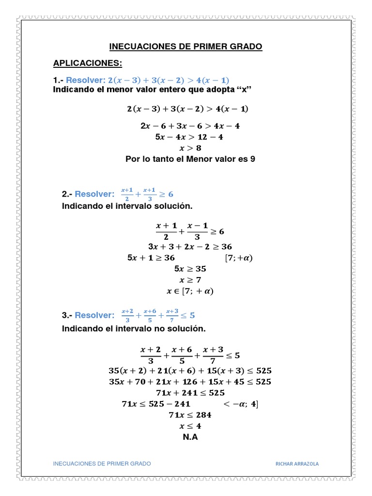 Inecuaciones de Primer Grado Richar Arrazola | PDF | Desigualdad (Matemáticas) | Intervalo ...