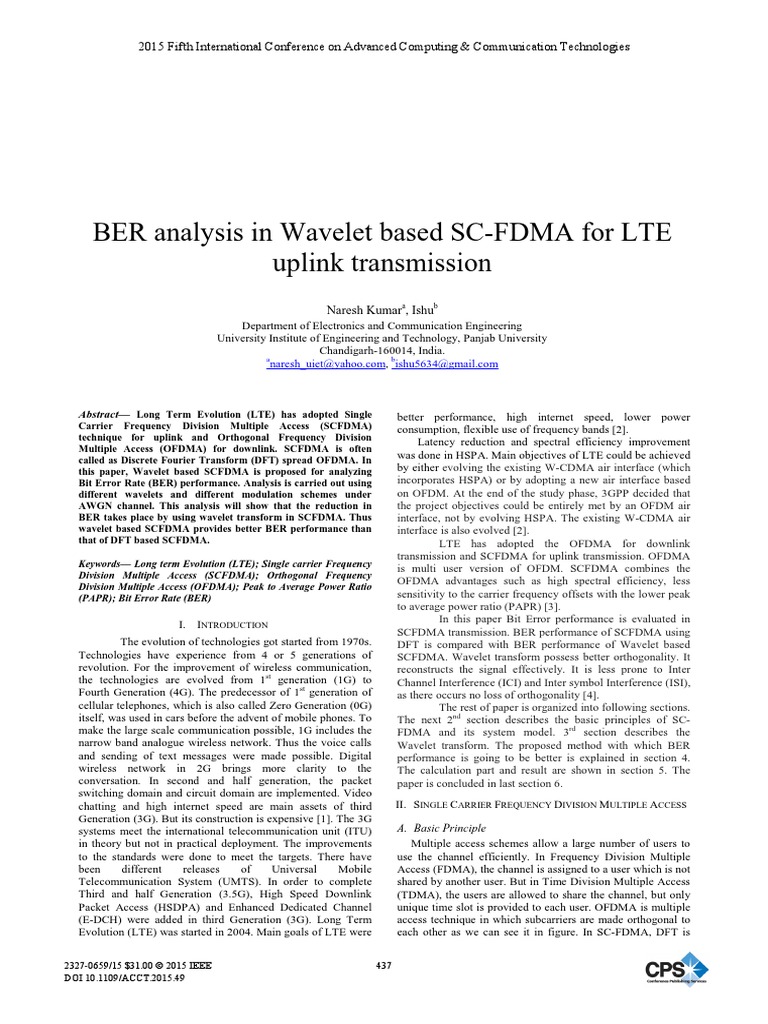 Ber Analysis In Wavelet Based Sc Fdma For Lte Uplink Transmission Pdf Wavelet High Speed
