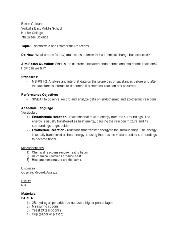 Endothermic Exothermic Reactions Lesson Plan | PDF | Heat | Thermometer