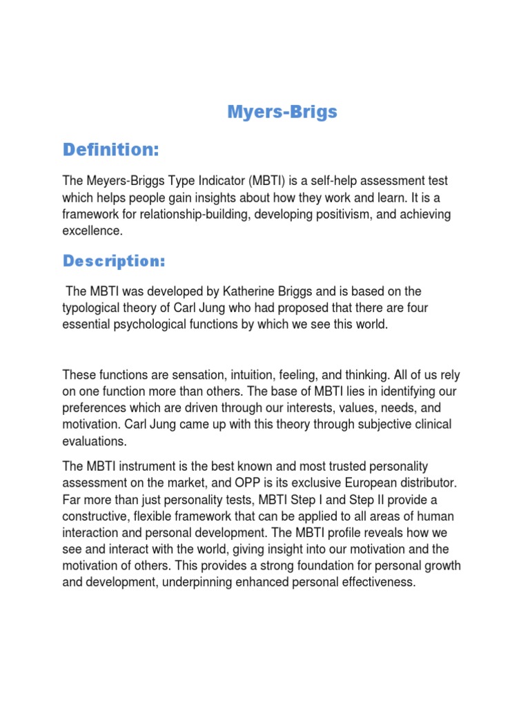 Myers-Brigs Definition:: Description | PDF