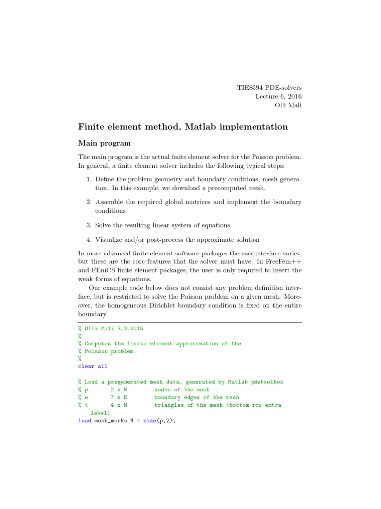 Finite Element Method Matlab Implementation Main Program Pdf Finite Element Method