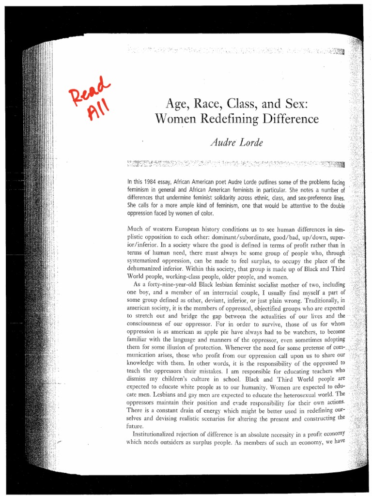 Audre Lorde Age Race Class And Sex Women Redefining Difference Pdf