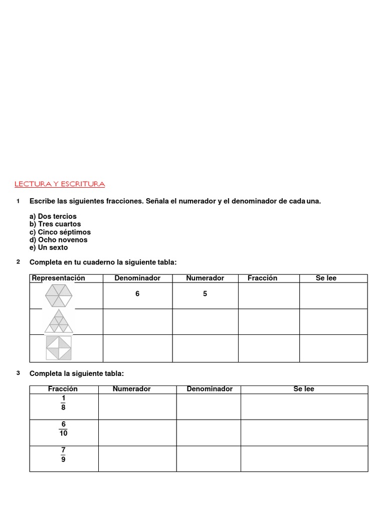 Ejercicios de lectura y escritura de fracciones | PDF