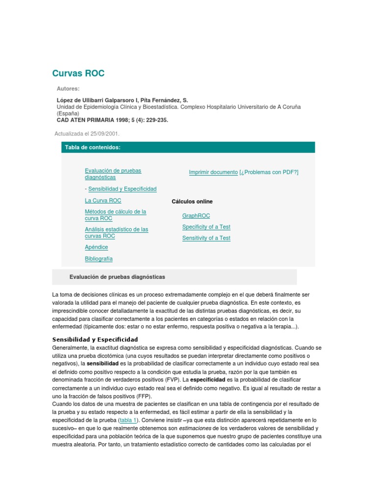 Curvas ROC | PDF | Característica Operativa del Receptor | Diagnostico medico