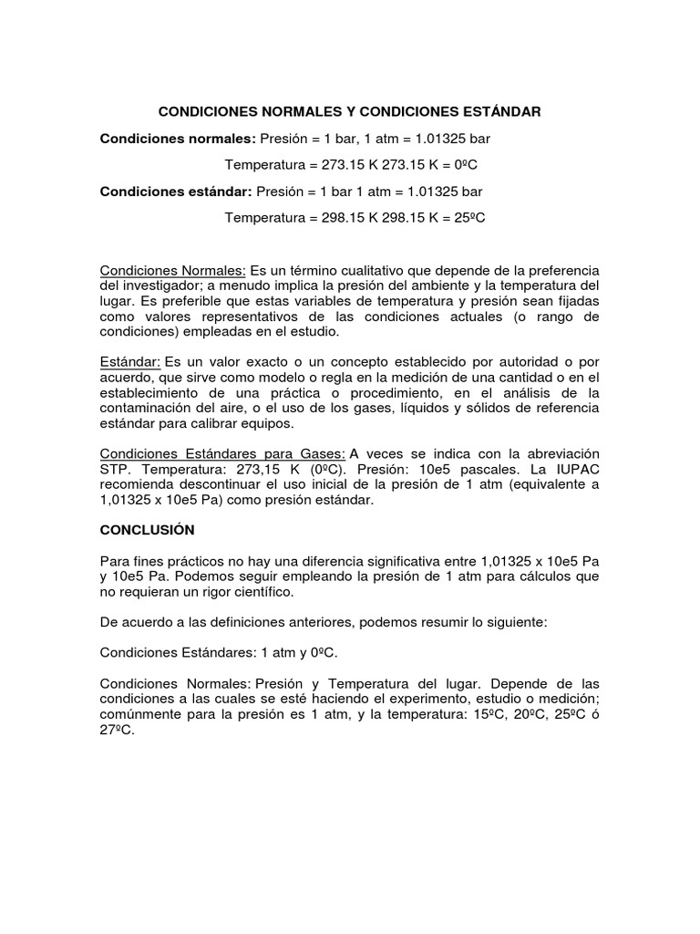Diferencia Entre Condiciones Normales y Condiciones Estandar | PDF | Presión | Temperatura