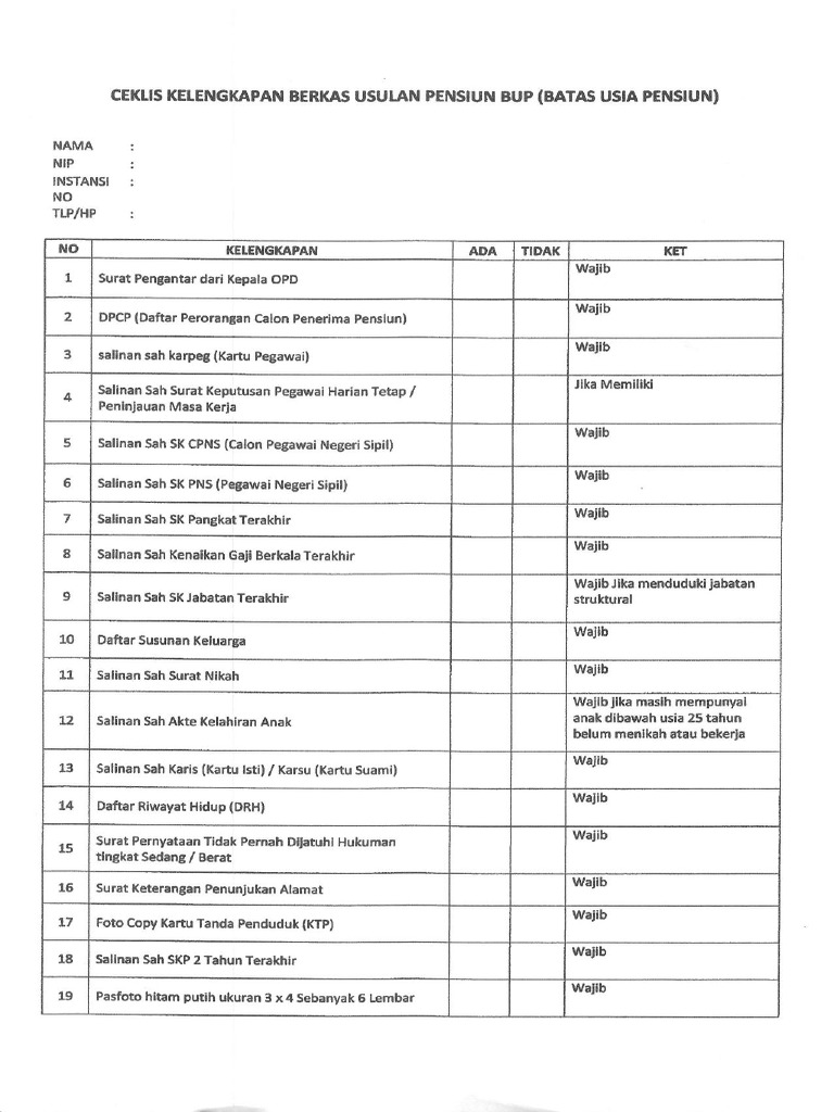 Cek List Kelengkapan Berkas Pensiun BUP | PDF
