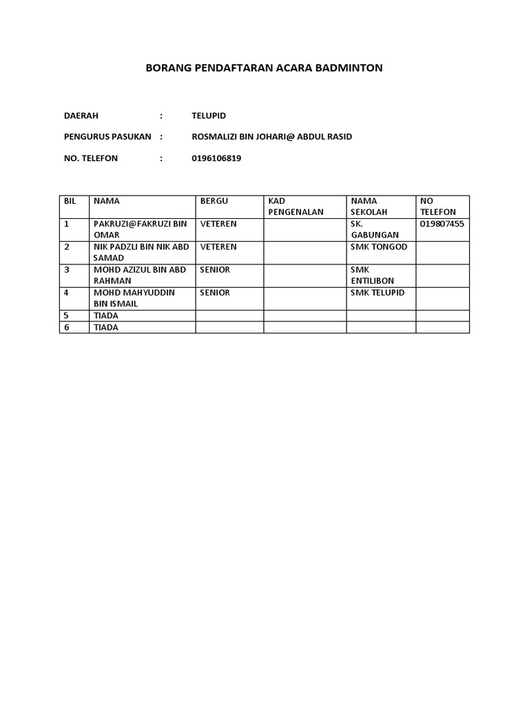 Borang Pendaftaran Acara Badminton Pdf